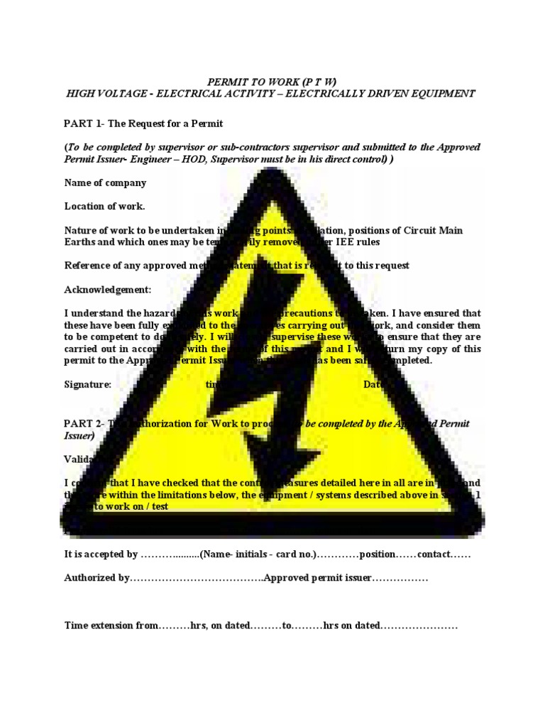 Permit To Work (P T W) High Voltage - Electrical Activity - Electrically Driven Equipment | PDF ...