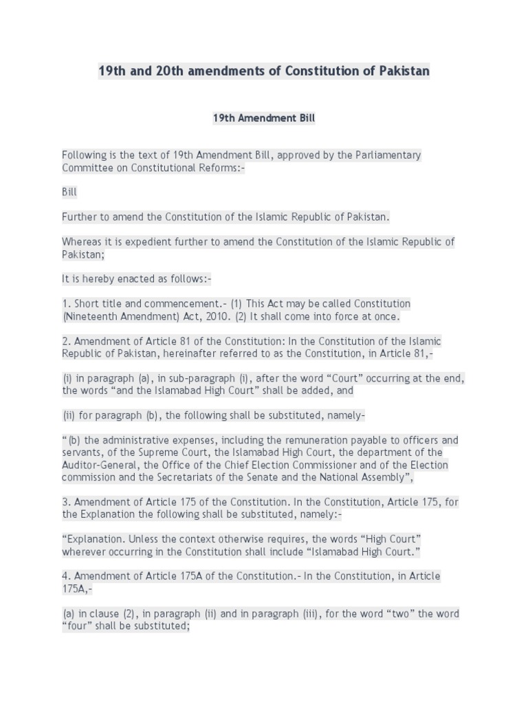 19th and 20th Amendments of Constitution of Pakistan | PDF | Parliament ...
