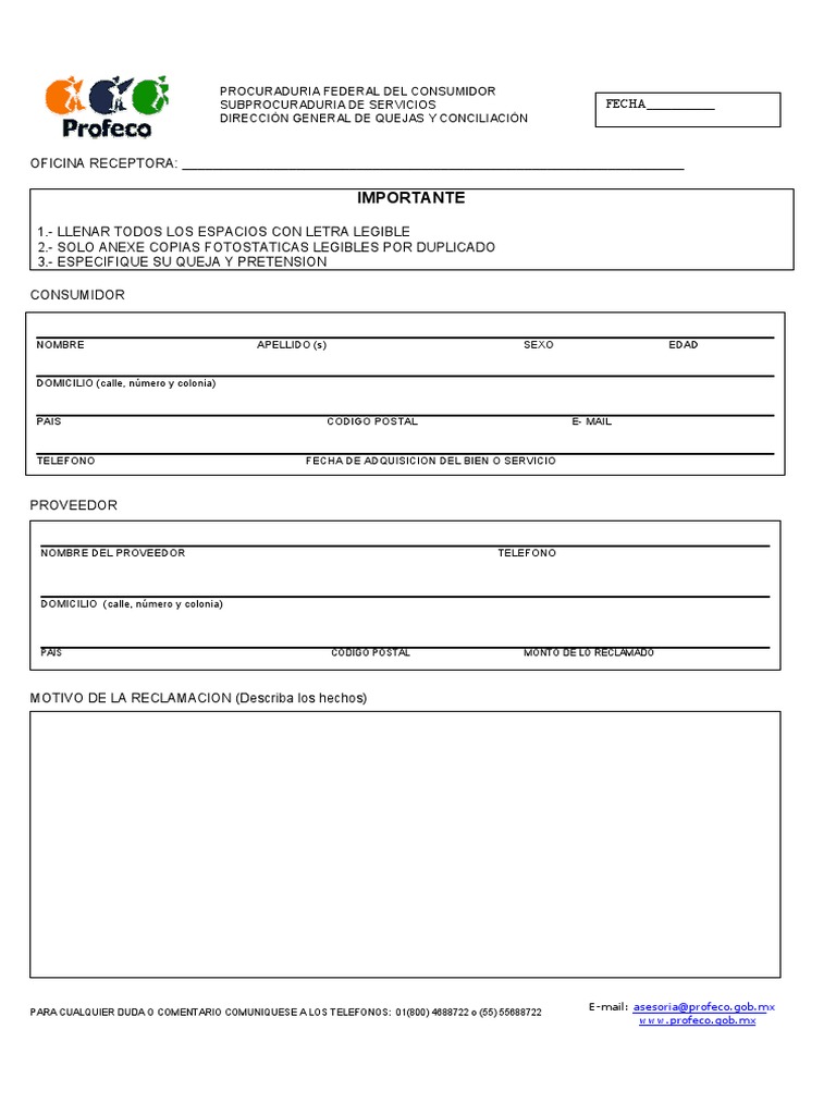 Formato Queja Profeco | PDF | Los consumidores | Protección al Consumidor