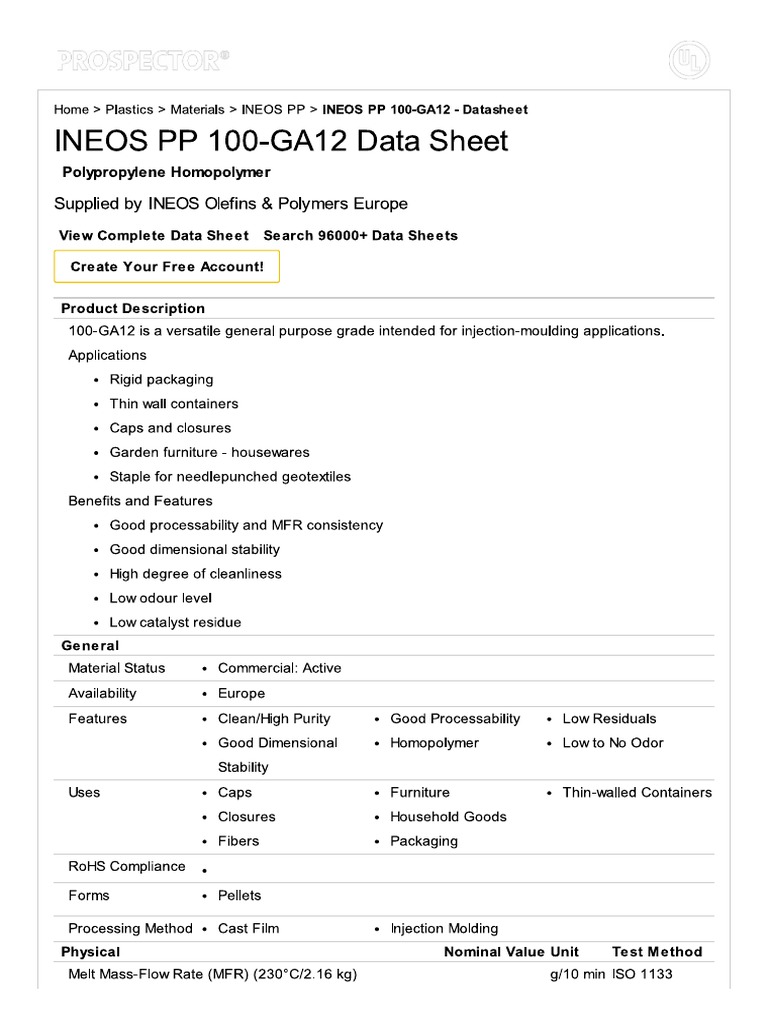 Ineos PP 100-Ga12 Data Sheet | PDF