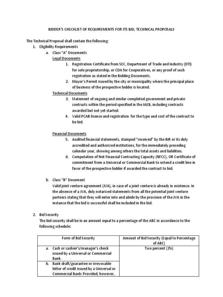 Bidder’s Checklist of Requirements for Its Bid, Technical Proposals ...