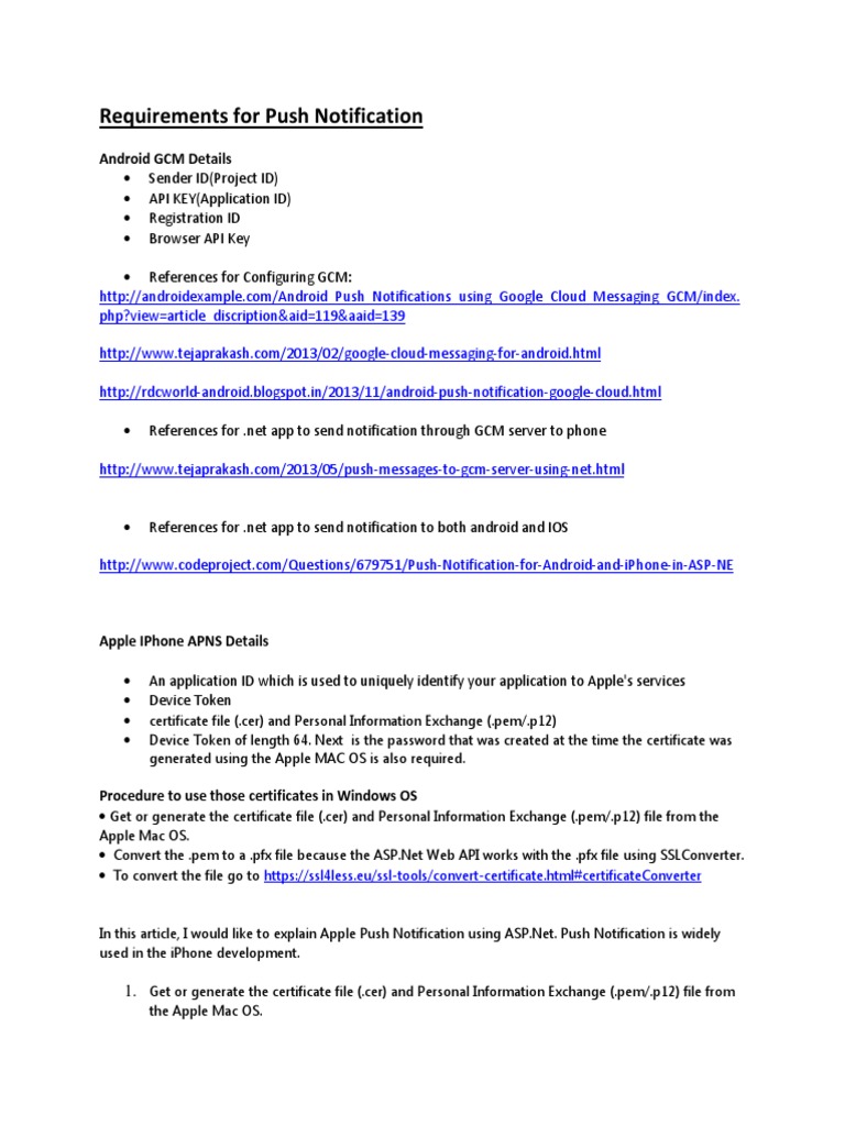 Requirements of Push Notification | PDF | Public Key Certificate ...