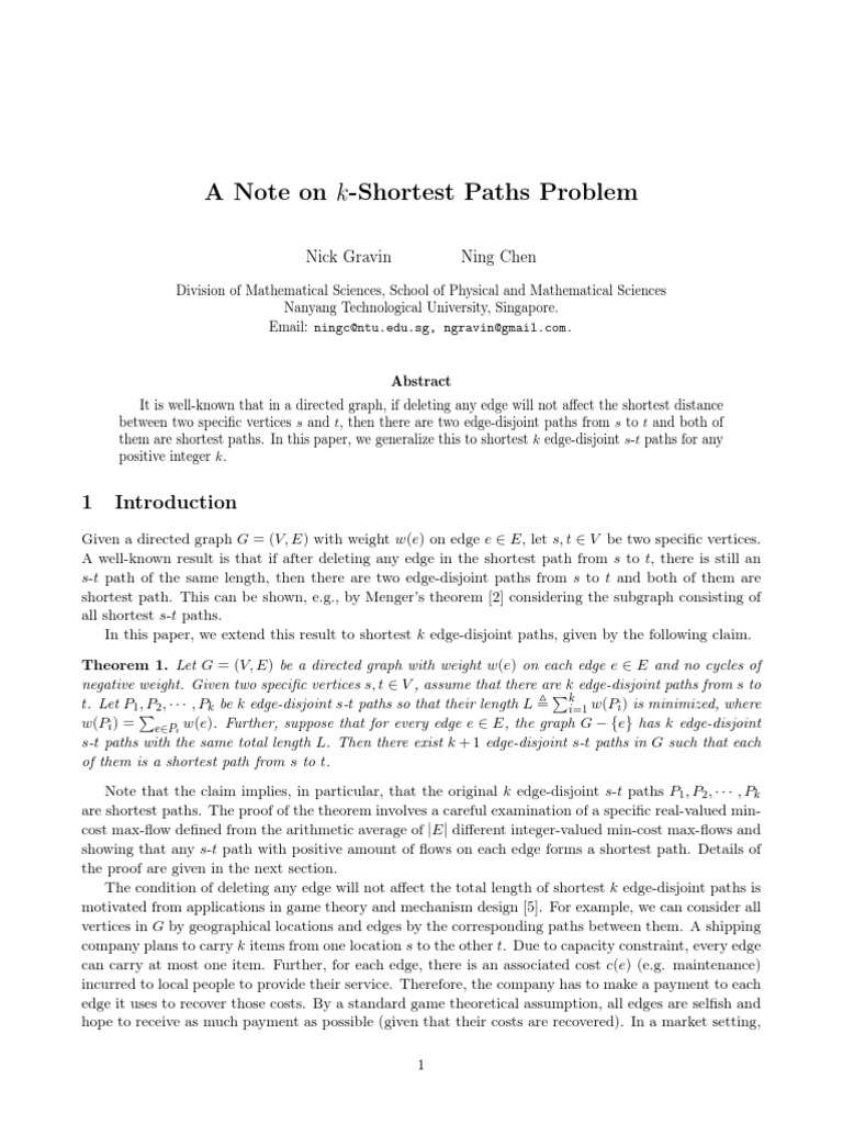 A Note On K-Shortest Paths Problem: Nick Gravin Ning Chen | PDF ...