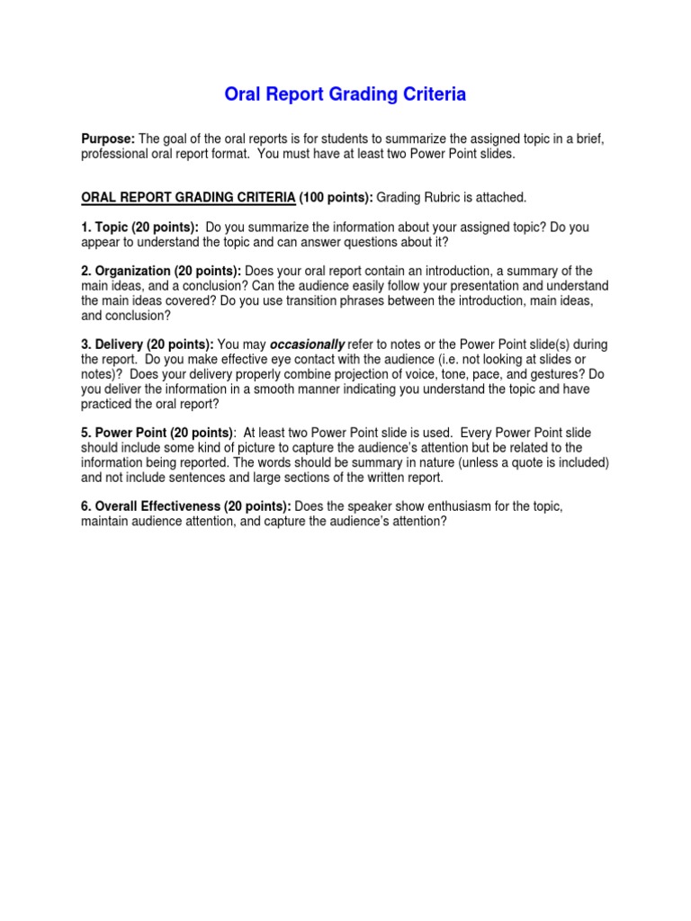 Oral Report Criteria | PDF | Rubric (Academic) | Learning