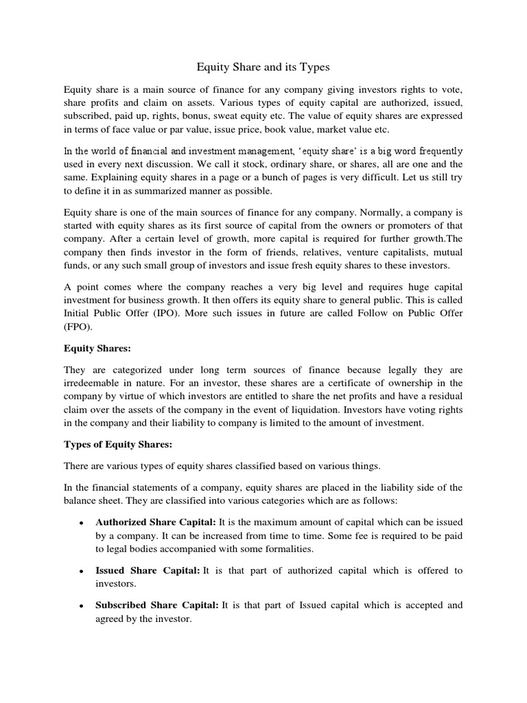 Equity Share and Its Types | PDF | Preferred Stock | Stocks