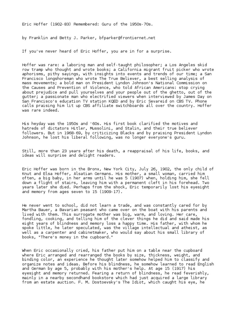 Eric Hoffer (1902-83) Remembered: Guru of The 1950s-70s, Bfparker@ | PDF | History