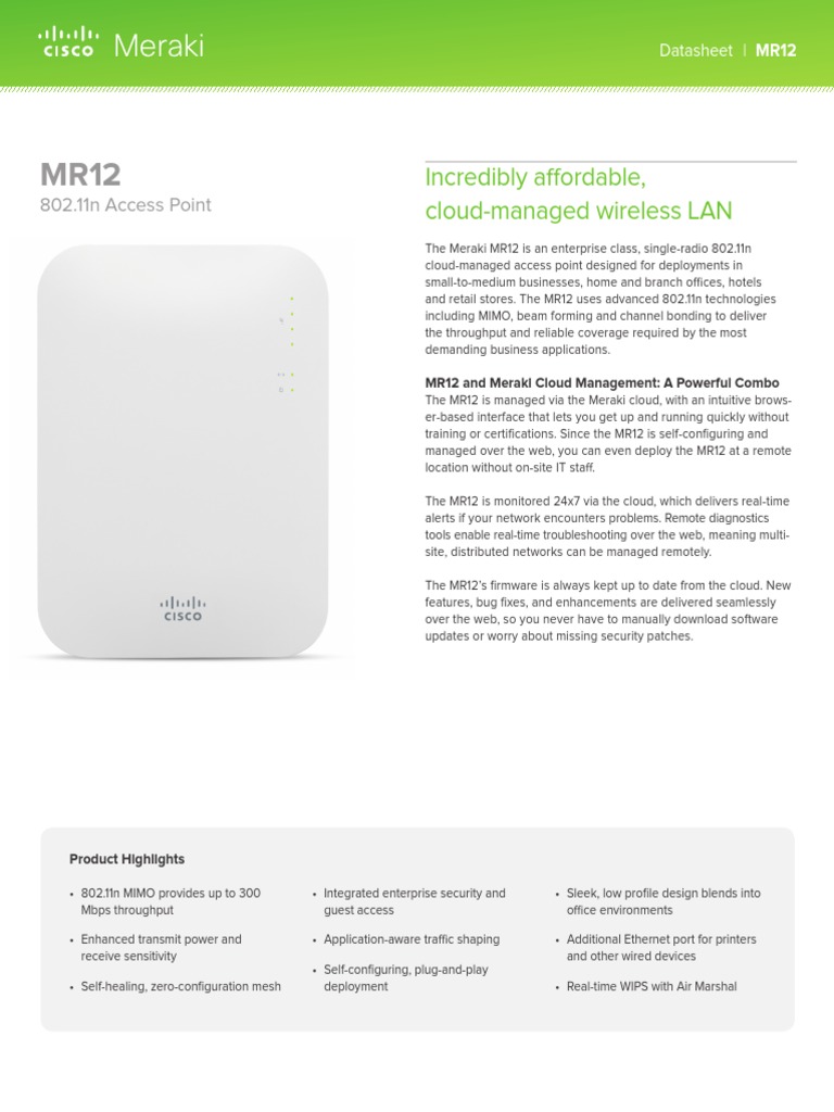 Meraki Datasheet MR12 | PDF | Ieee 802.11 | Wireless Access Point