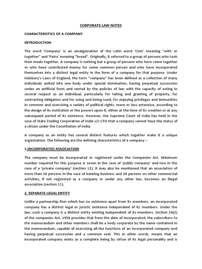 Corporate Law Notes Pdf Piercing The Corporate Veil Legal Personality