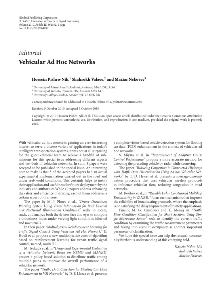 Editorial Vehicular Adhoc Networks Pdf Wireless Ad Hoc Network Telecommunications