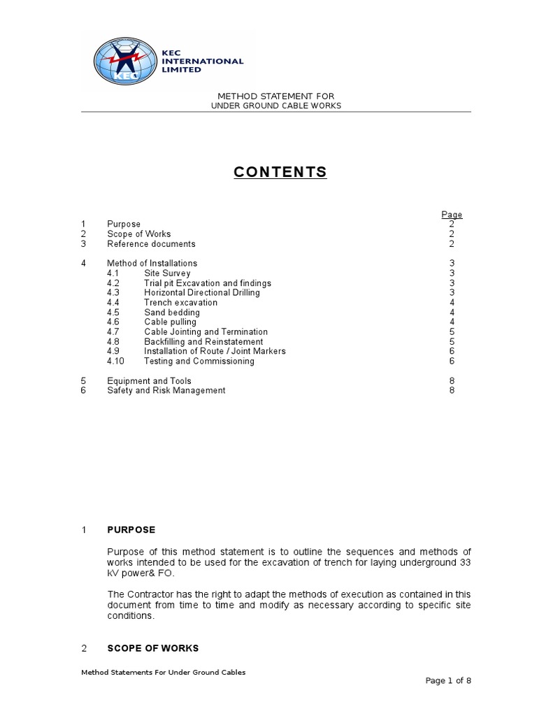 Underground Cable Laying Method Statement | PDF | Cable | Manufactured ...