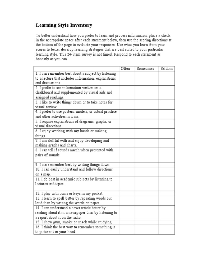 Learning Style Inventory | PDF | Learning Styles | Differentiated ...