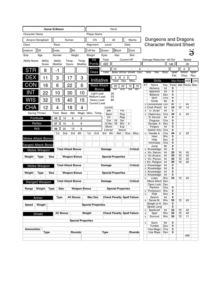 STR DEX: Dungeons and Dragons Character Record Sheet | PDF | Leisure ...
