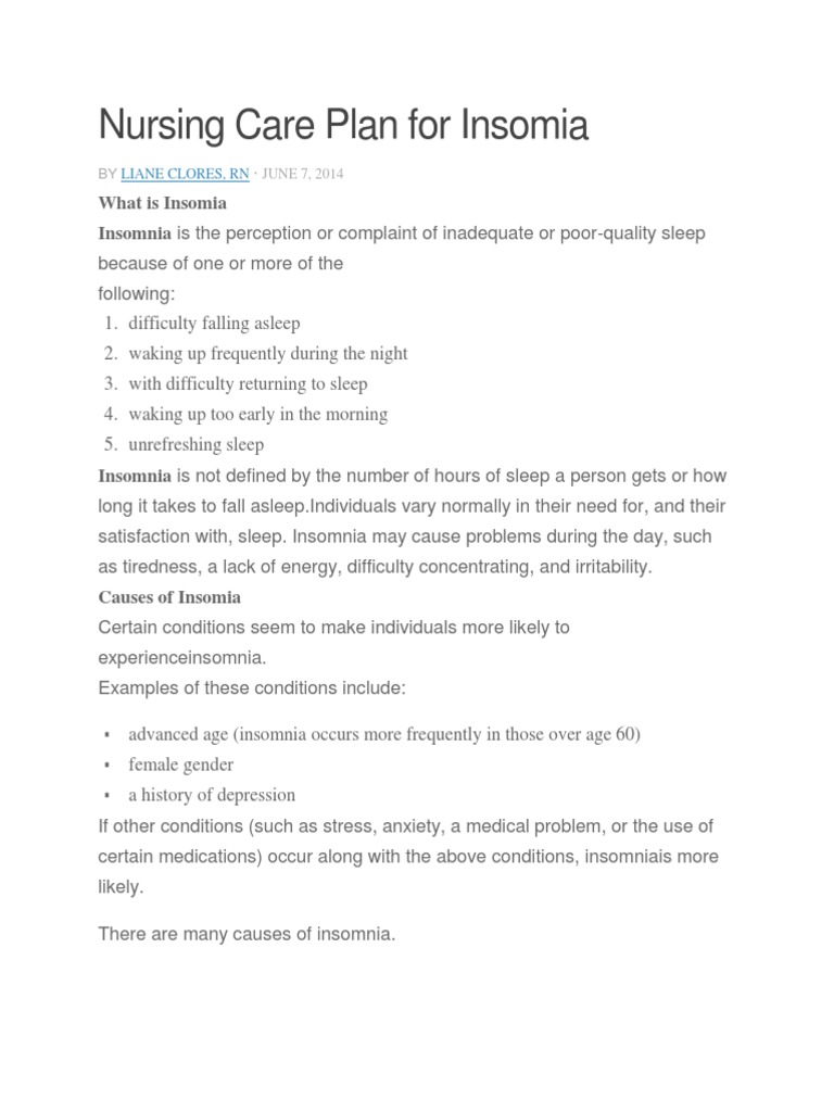 Nursing Care Plan for Insomia | Insomnia | Sleep