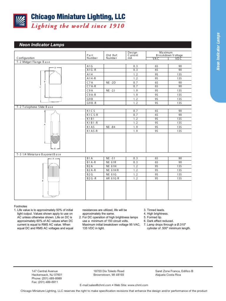 Neon Indicator Lamps Specifications | PDF
