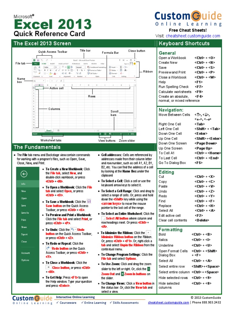 Excel 2013 Cheat Sheet | PDF | Microsoft Excel | System Software