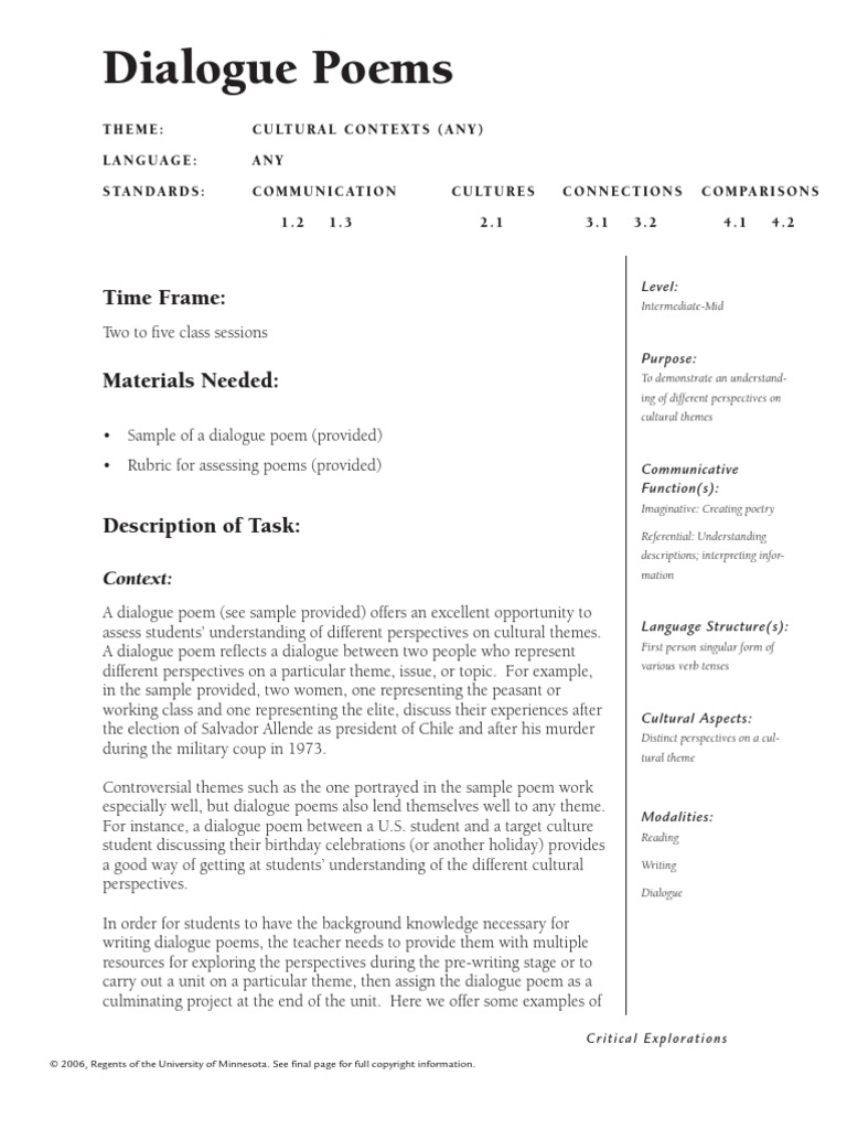 Dialogue Poems: Time Frame | PDF | Adolescence | Poetry