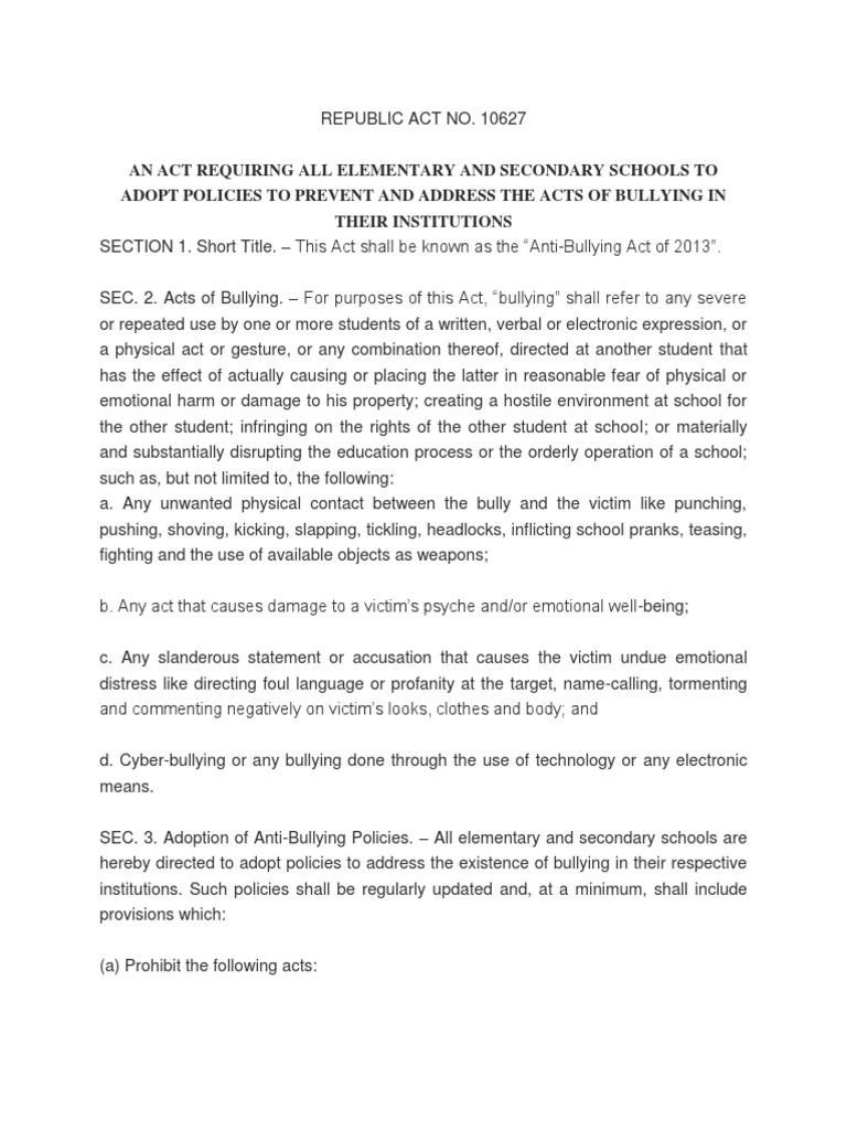 Republic Act No. 10627 | PDF | Bullying | Common Law