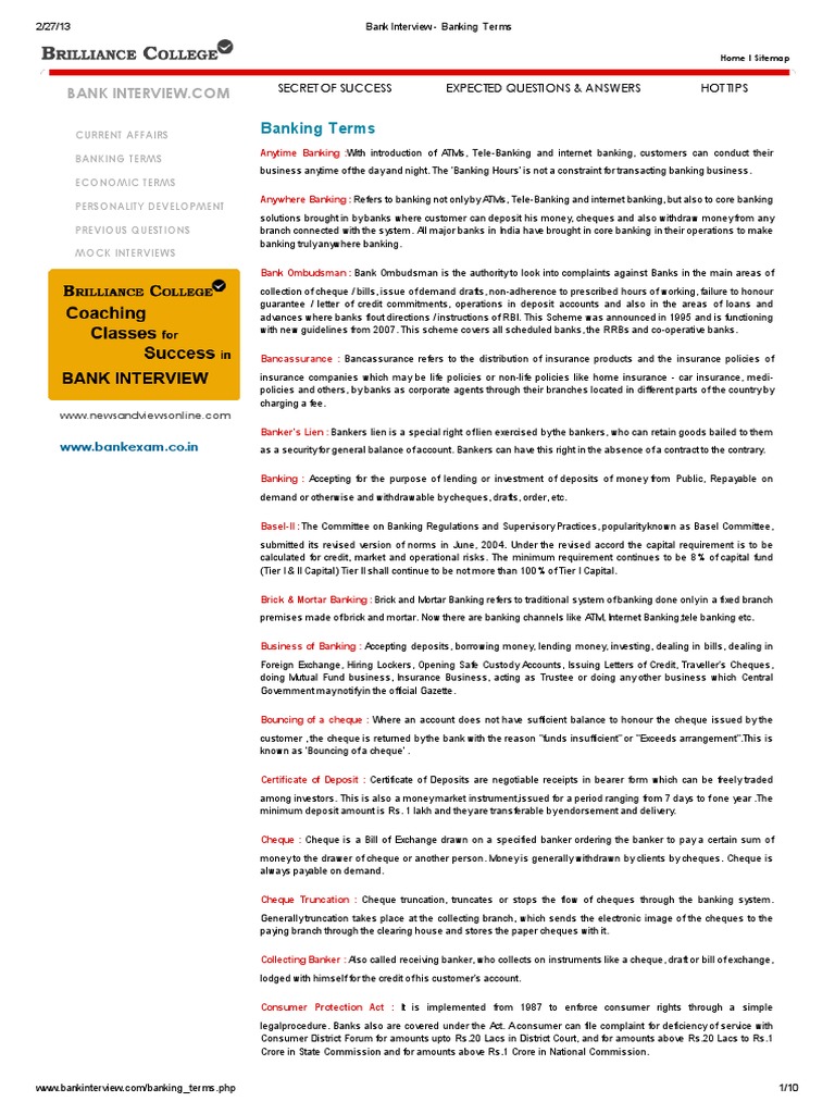 Bank Interview - Banking Terms | PDF | Cheque | Banks