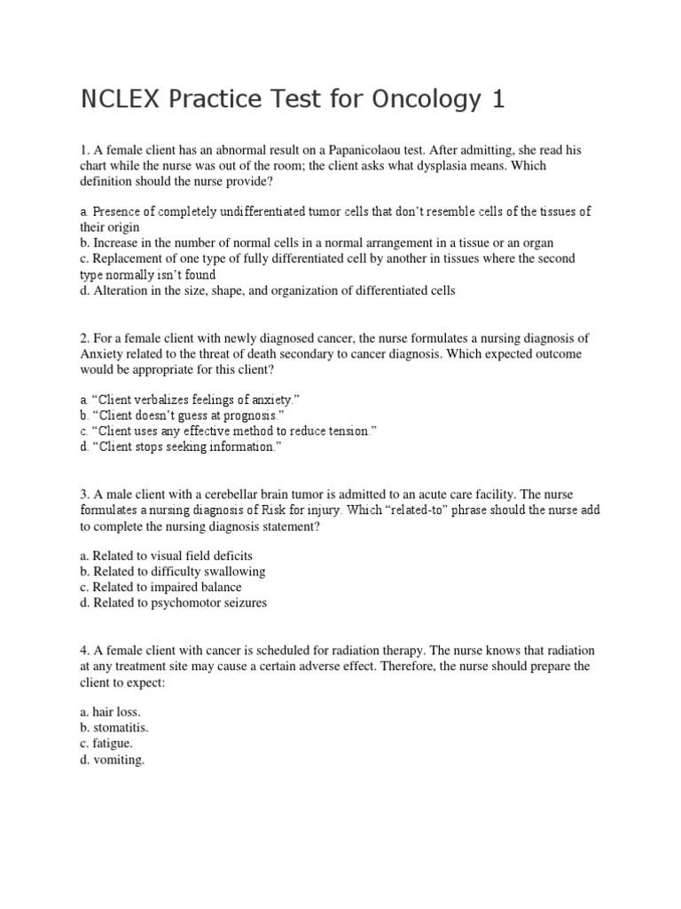 NCLEX Oncology Practice Questions | PDF | Breast Cancer | Cancer