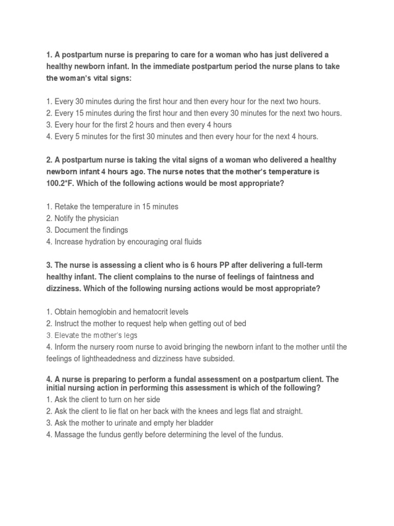 Postpartum Nursing Assessment Questions | PDF | Childbirth | Breastfeeding