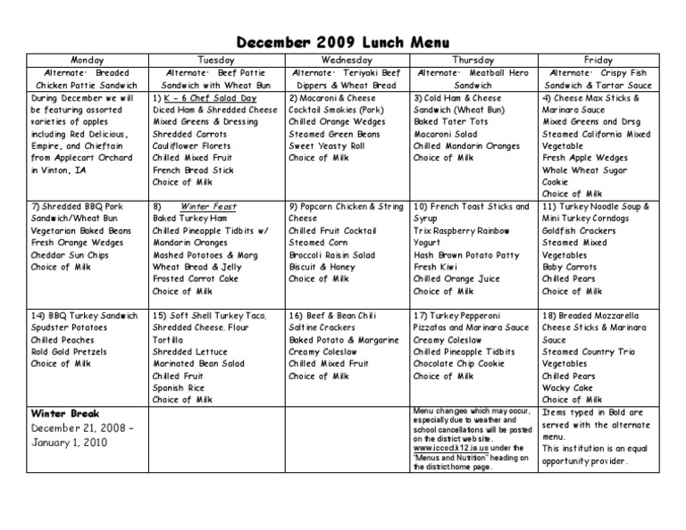 December Lunch Menu | PDF | Sandwich | Salad