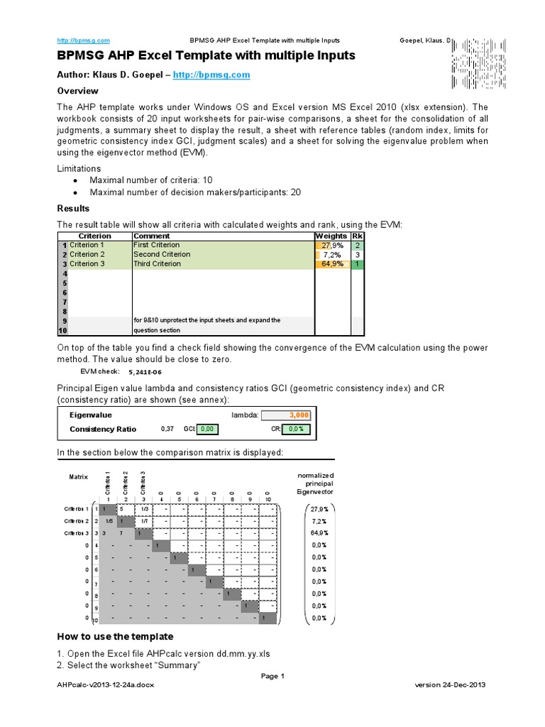 AHP Excel Template with Multiple Inputs | PDF | Microsoft Excel ...