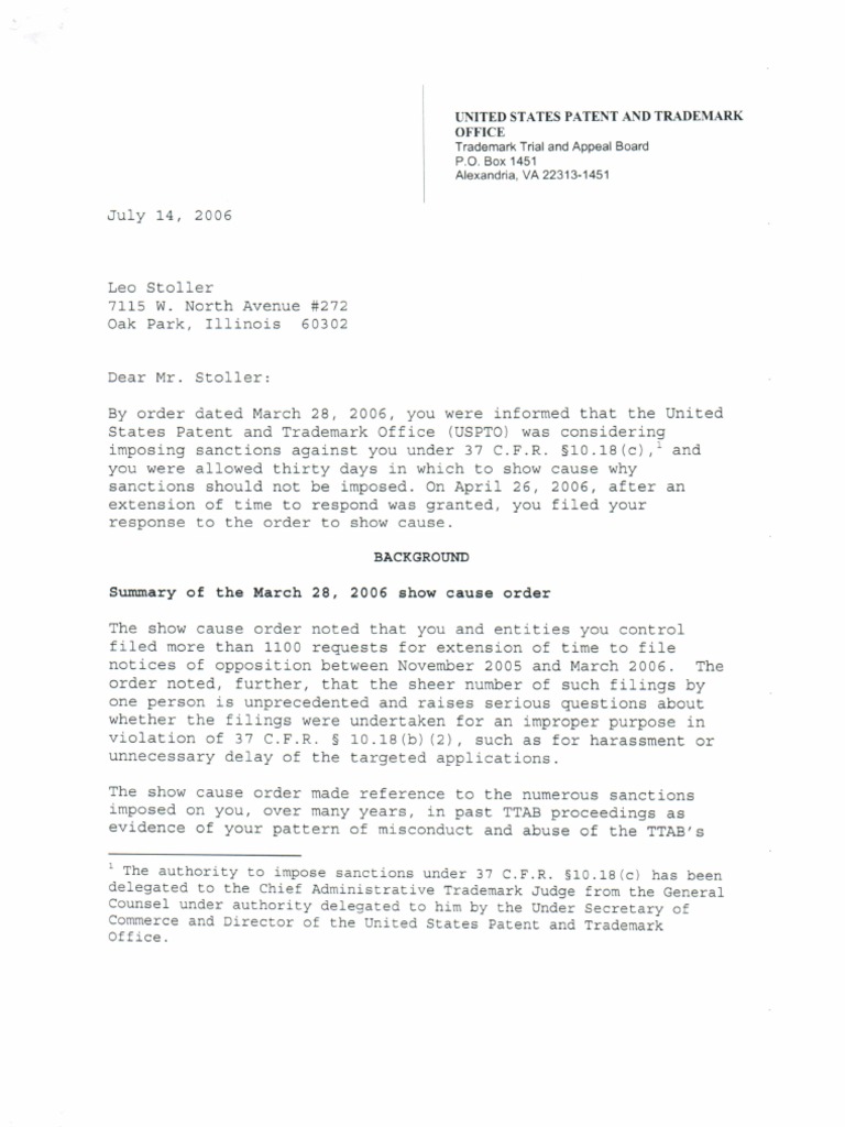 Leo Stoller Trademark Office Sanctions | PDF | Law
