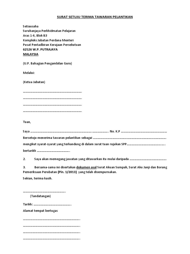 Surat Setuju Terima Tawaran Pelantikan | PDF
