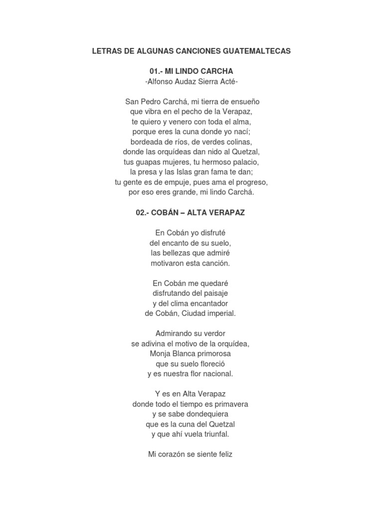 Letras de Canciones Guatemaltecas | PDF | Naturaleza | Entretenimiento ...