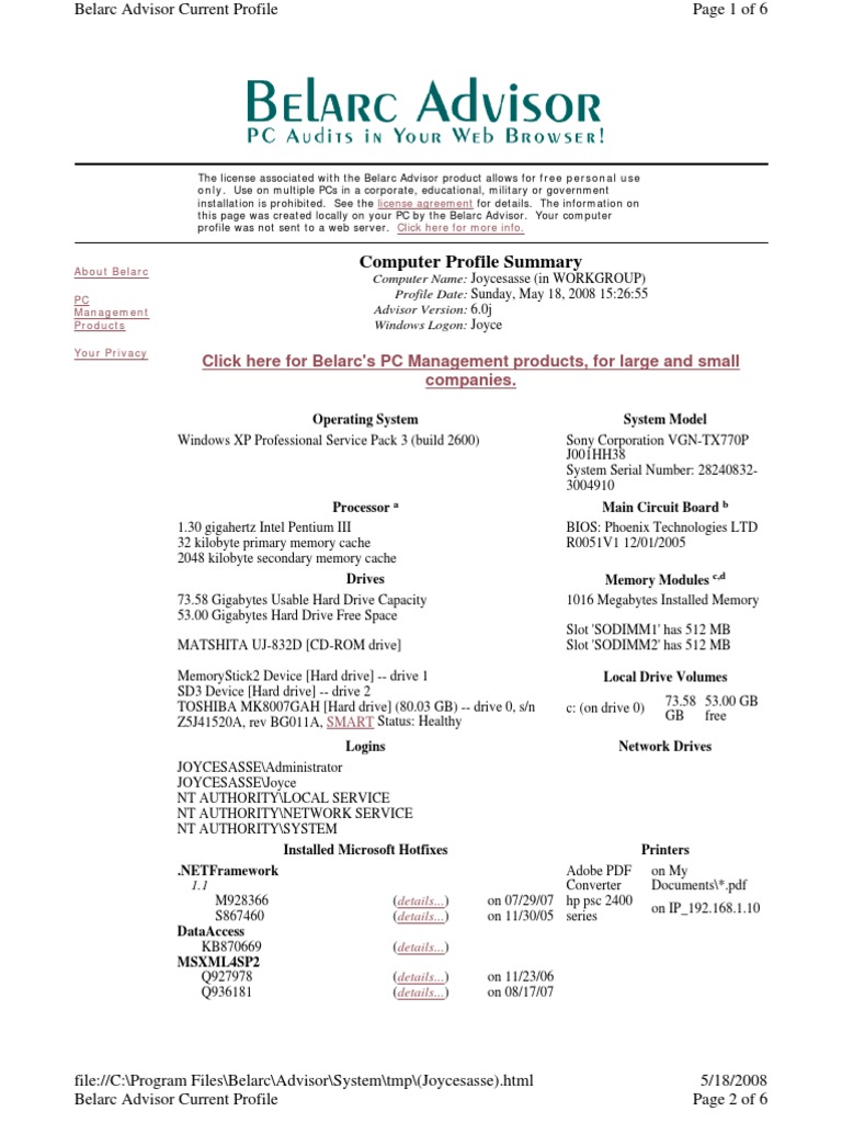 Belarc Advisor Current Profile | PDF | Usb | Microsoft Windows