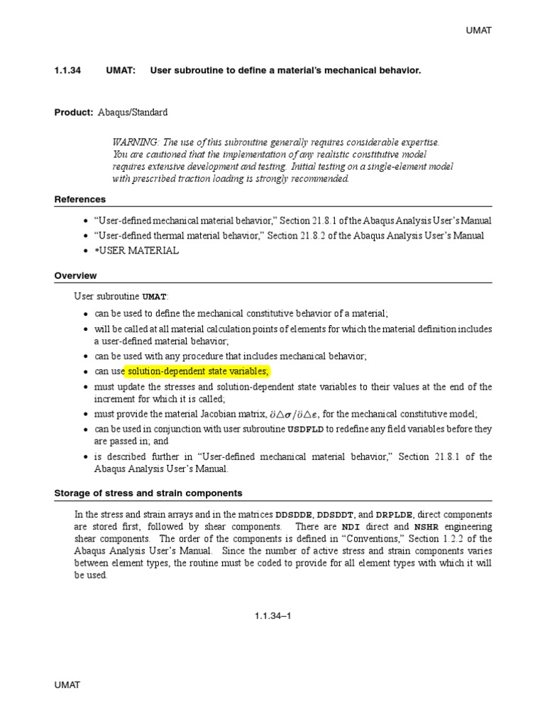 1-UMAT @ABAQUS-User Subroutine Instruction (Reference Manual) | PDF | Stress (Mechanics ...
