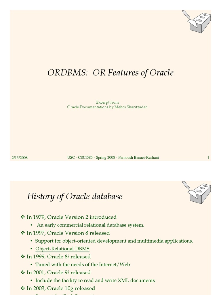 ORDBMS: OR Features of Oracle: Excerpt From Oracle Documentations by ...