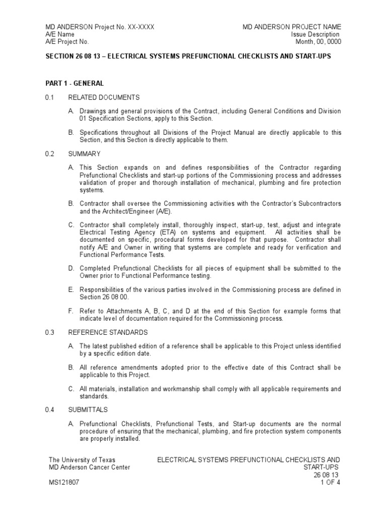 Section 26 08 13 - Electrical Systems Prefunctional Checklists and ...