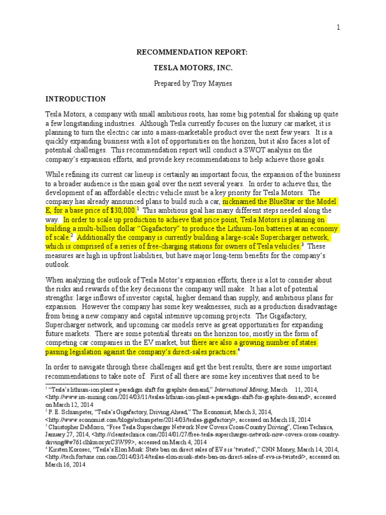 Tesla Motors Recommendation Report | PDF | Electric Car | Vehicle ...