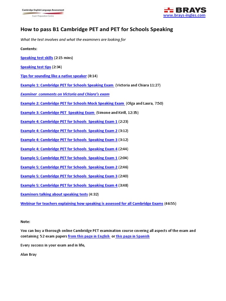 B1 Cambridge PET Speaking Exam Guide | PDF