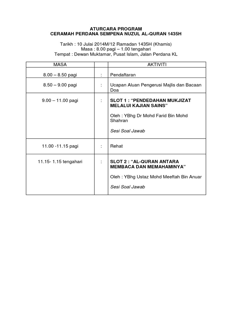 Aturcara Program Nuzul Al-Quran | PDF