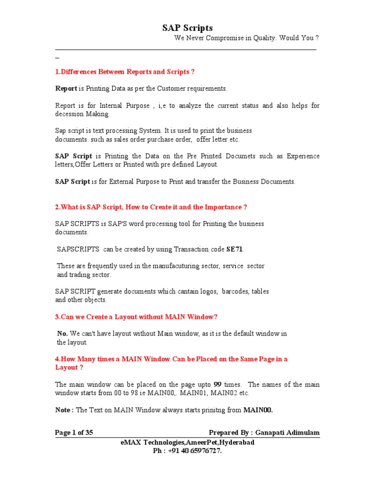 SAP Scripts: 1.differences Between Reports and Scripts ? | Download Free PDF | Parameter ...