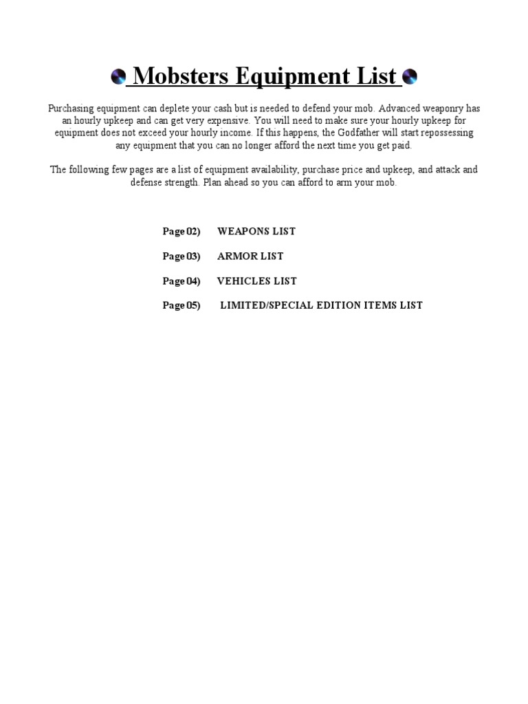 Myspace Mobsters Equiptment List As of 04-02-2009 | PDF | Projectile ...