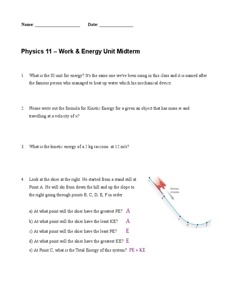 Physics 11 Work & Energy Midterm Exam | PDF