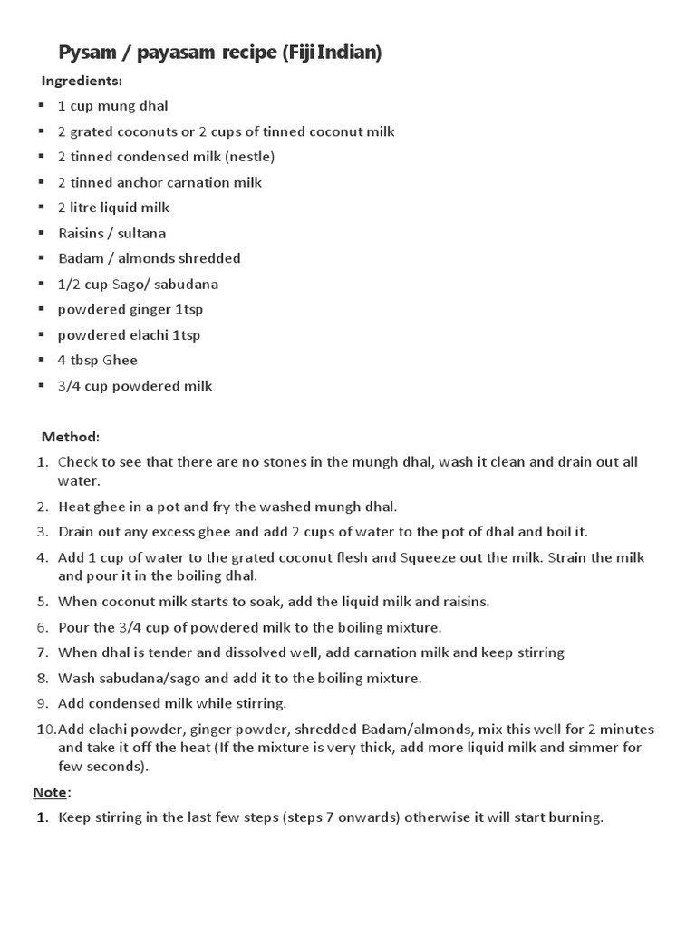 Pysam (Payasam) Recipe (Fiji Indian) | PDF | Food Ingredients | Food ...