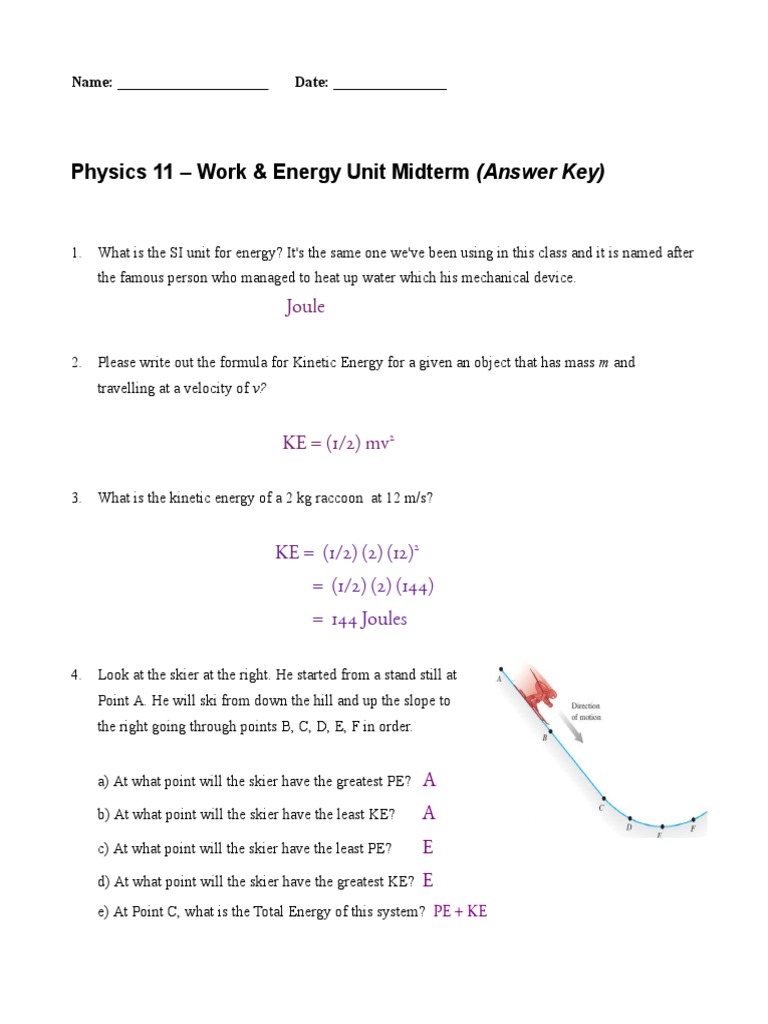 Physics 11 - Work & Energy Unit Midterm (Answer Key) : Joule | PDF ...