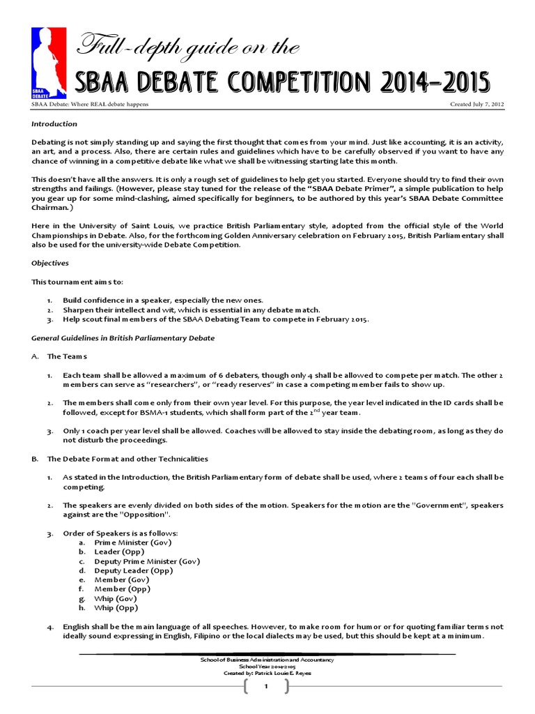 Guidelines On The SBAA Debate Competition 2014-2015 | PDF | Business