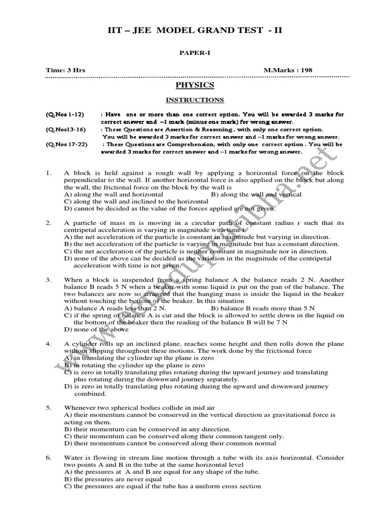 Iit - Jee Model Grand Test - Ii: Physics | PDF | Lens (Optics) | Gases