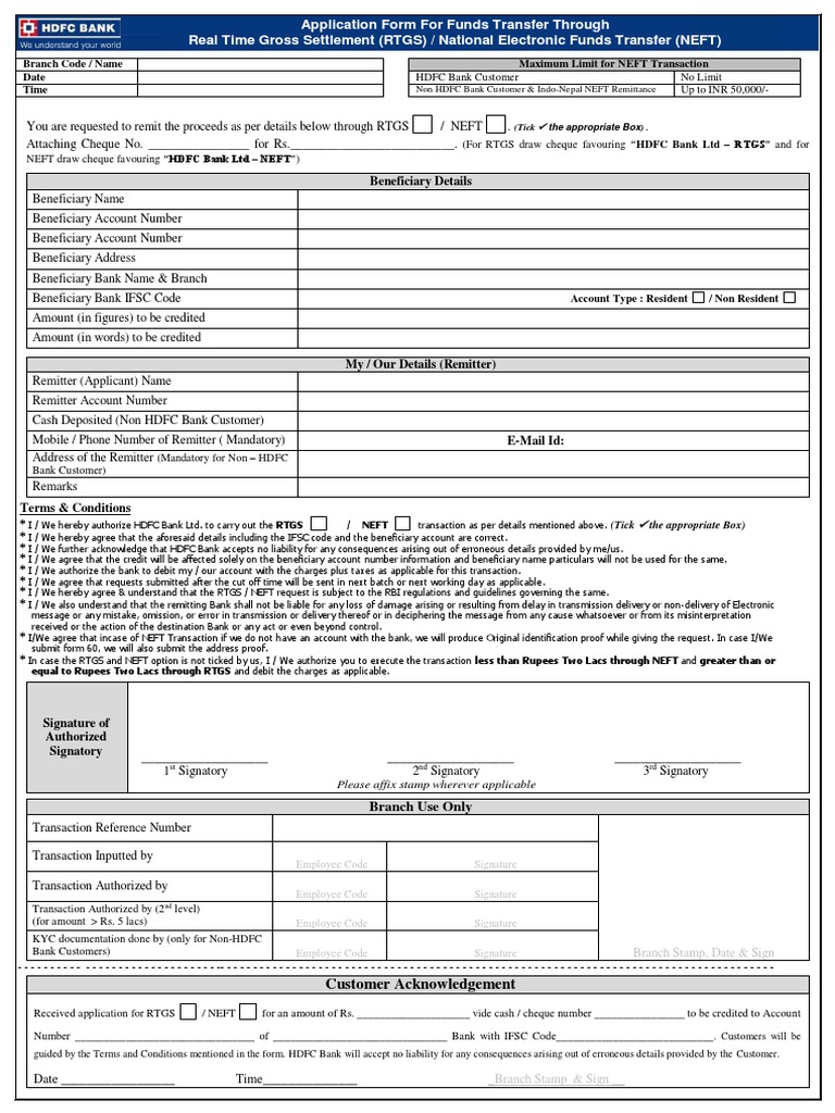 Hdfc Neft Rtgs Form | Financial Technology | Money