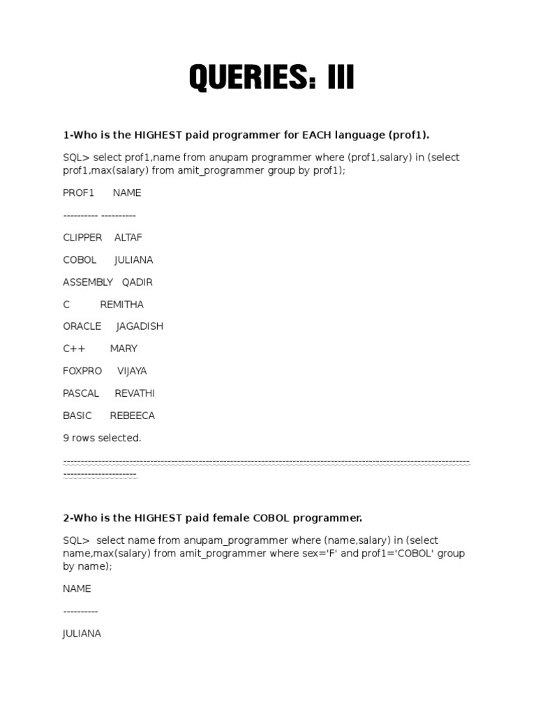 Queries: Iii: 1-Who Is The HIGHEST Paid Programmer For EACH Language (Prof1) | PDF | Areas Of ...