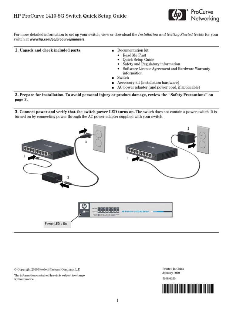 HP Procurve 1410-8G Switch Quick Setup Guide: Qsg-1410-8G.Fm Page 1 Monday, January 11, 2010 6: ...