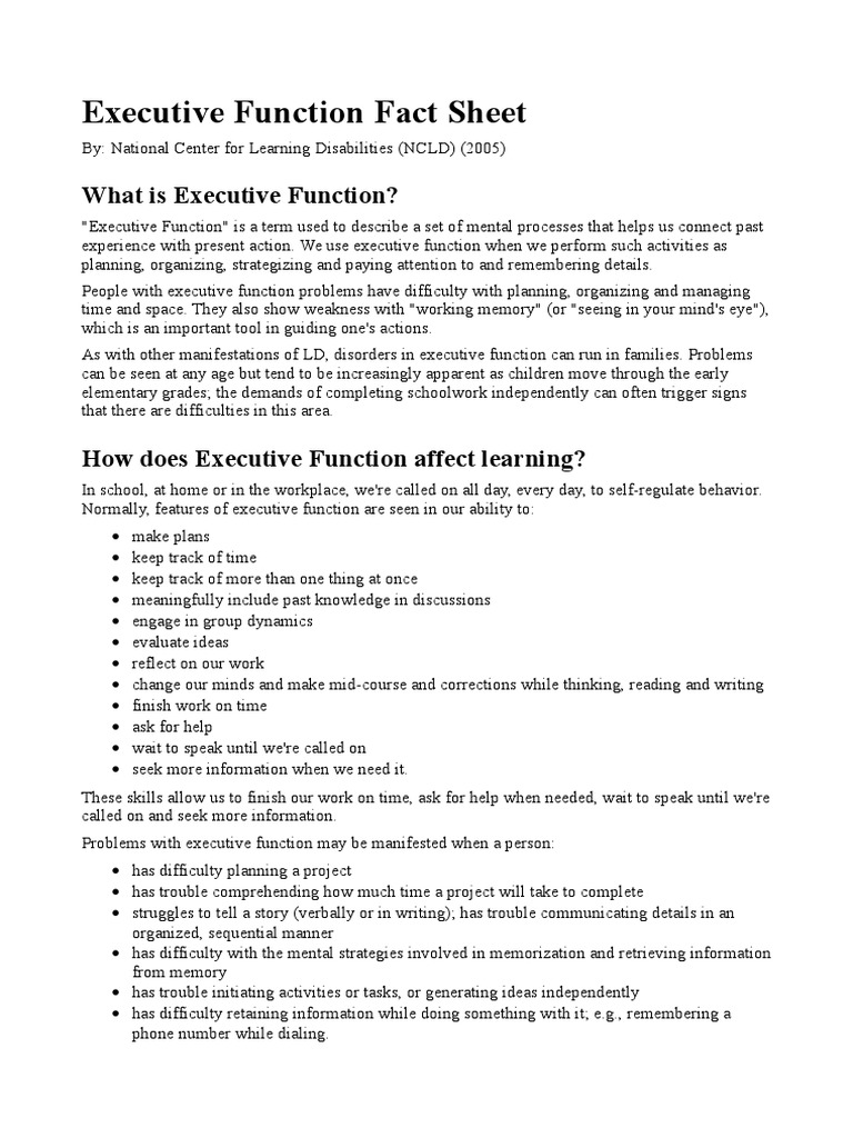 Executive Function Fact Sheet | PDF | Neuropsychology | Cognition