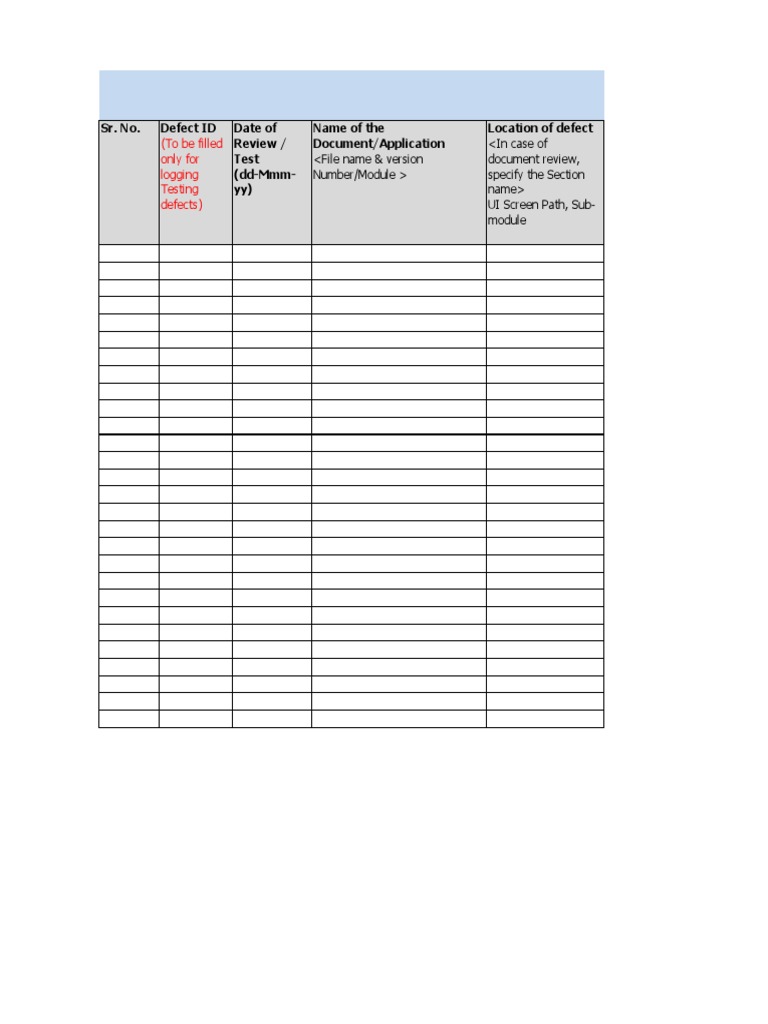 Template Defect Log | PDF