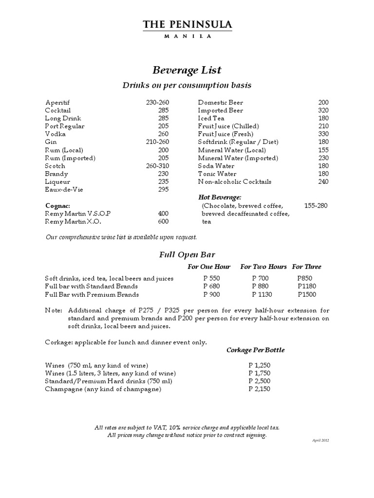 Beverage List with Prices | PDF