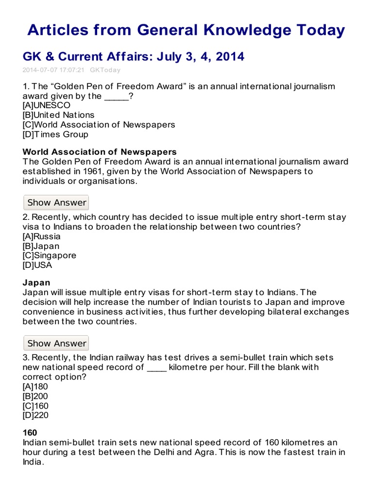 General Knowledge Today | PDF | Languages Of India | Asia